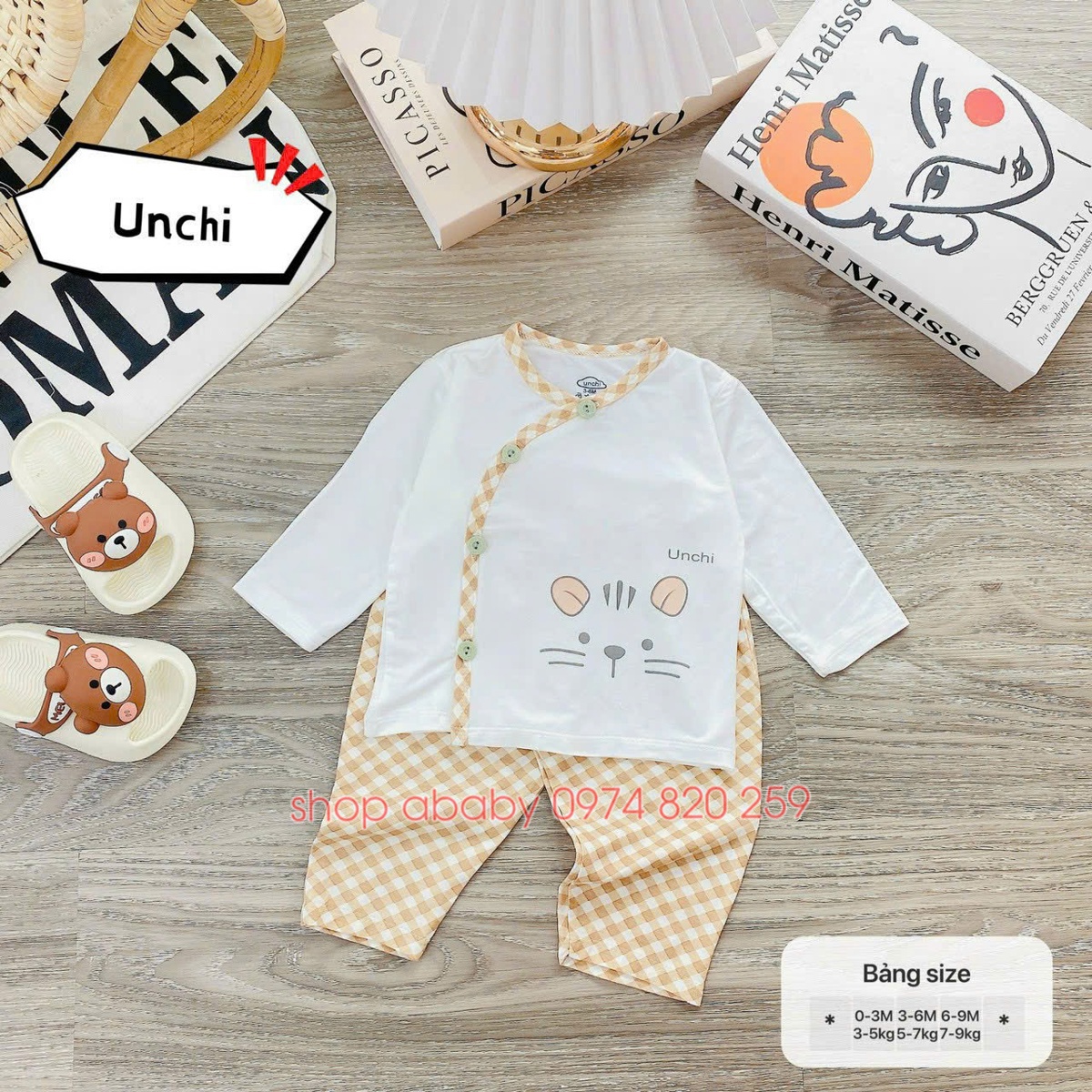 Bộ ss vạt chéo phối kẻ Unchi 29863 | Quần áo trẻ sơ sinh