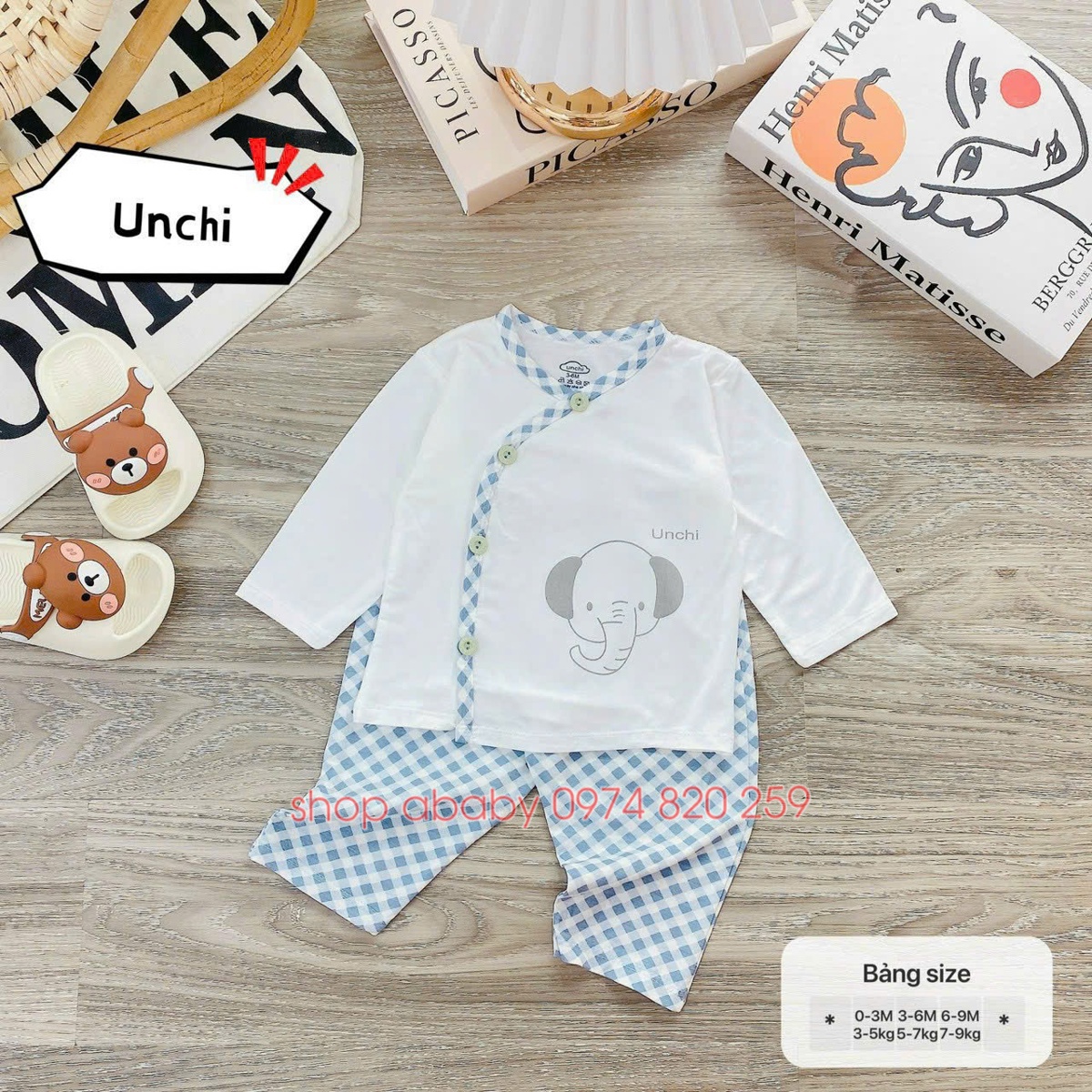 Bộ ss vạt chéo phối kẻ Unchi 29863 | Quần áo trẻ sơ sinh