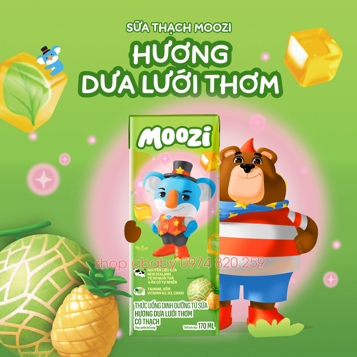 Lốc 4 hộp sữa thạch Moozi 170ml (3y+)(thùng 12 lốc 48 hộp) | Sữa nước