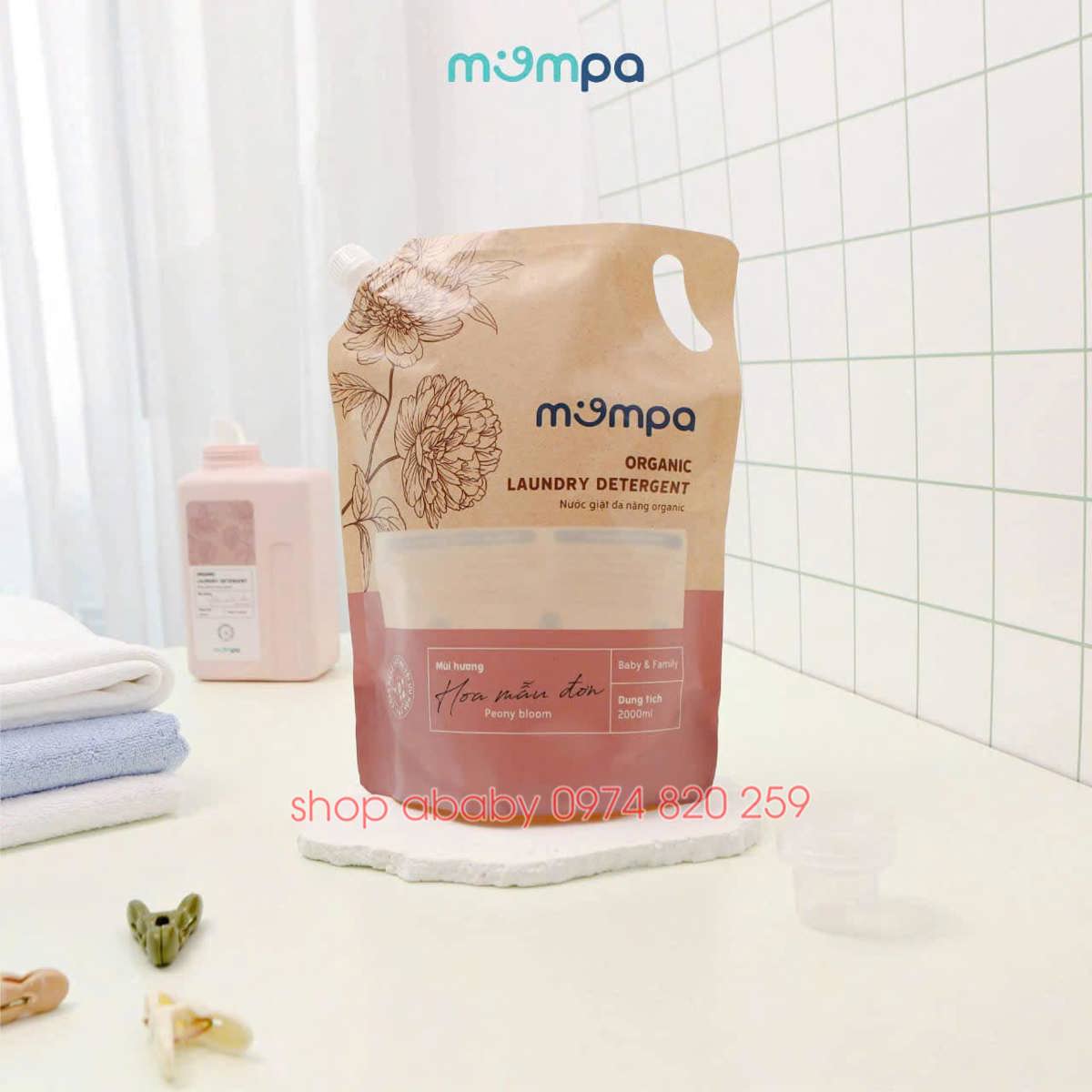 Túi nước giặt đa năng organic Mompa 2L | Dung dịch giặt xả